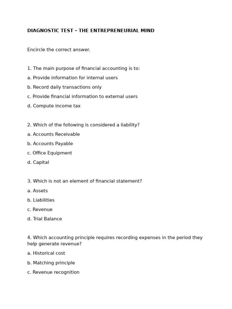 Entrepreneurial Mind Diagnostic Test | PDF