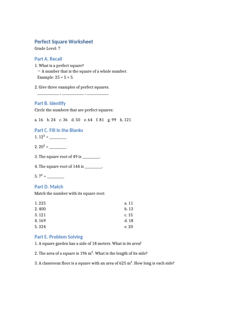 Perfect Square Worksheet Grade7 | PDF