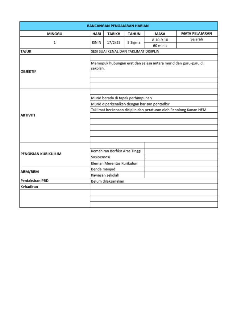 RPH Minggu 1 Hari Isnin | PDF