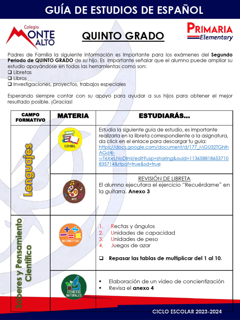 Guía de Estudios Quinto Grado 2023-2024 | PDF