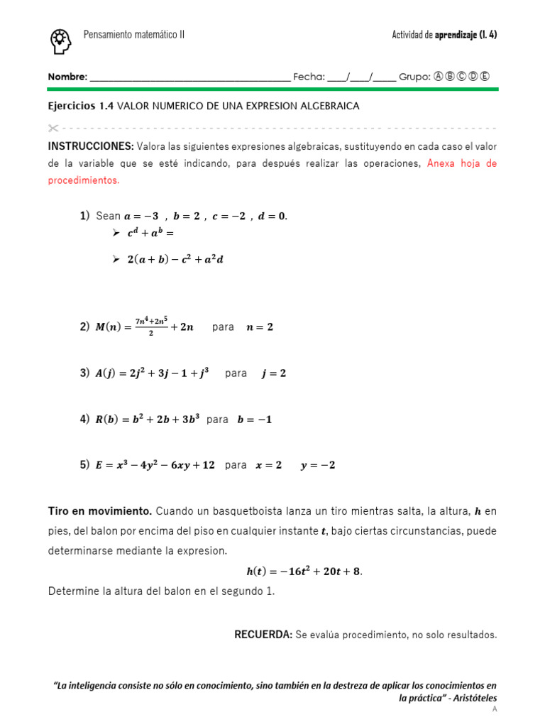 Ejercicios de Valor Numérico Algebraico | PDF
