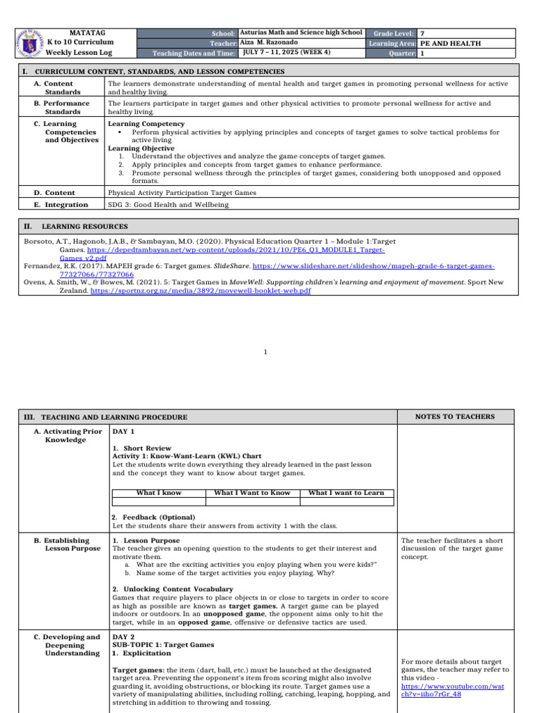 DLL Matatag - Pe & Health 7 Q1 W4 | PDF | Learning | Teachers