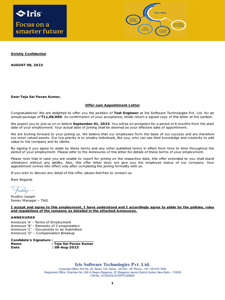 Test Engineer Job Offer Letter | PDF | Employment | Payroll