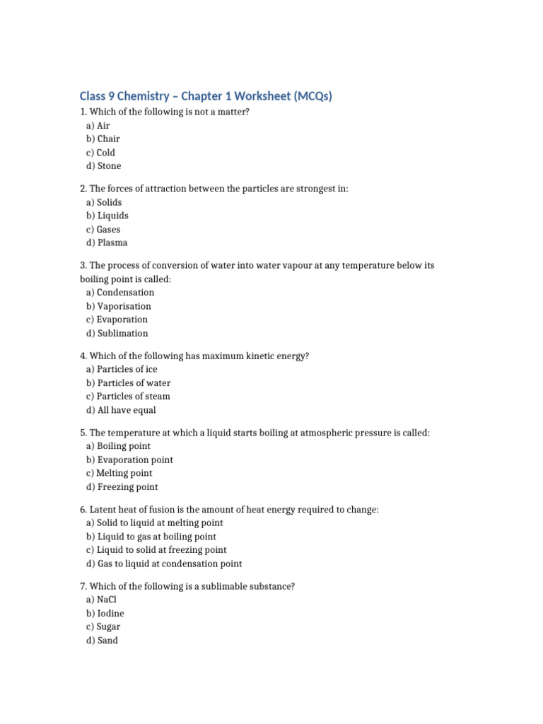 Class 9 Chemistry MCQ Worksheet | PDF | Liquids | Gases