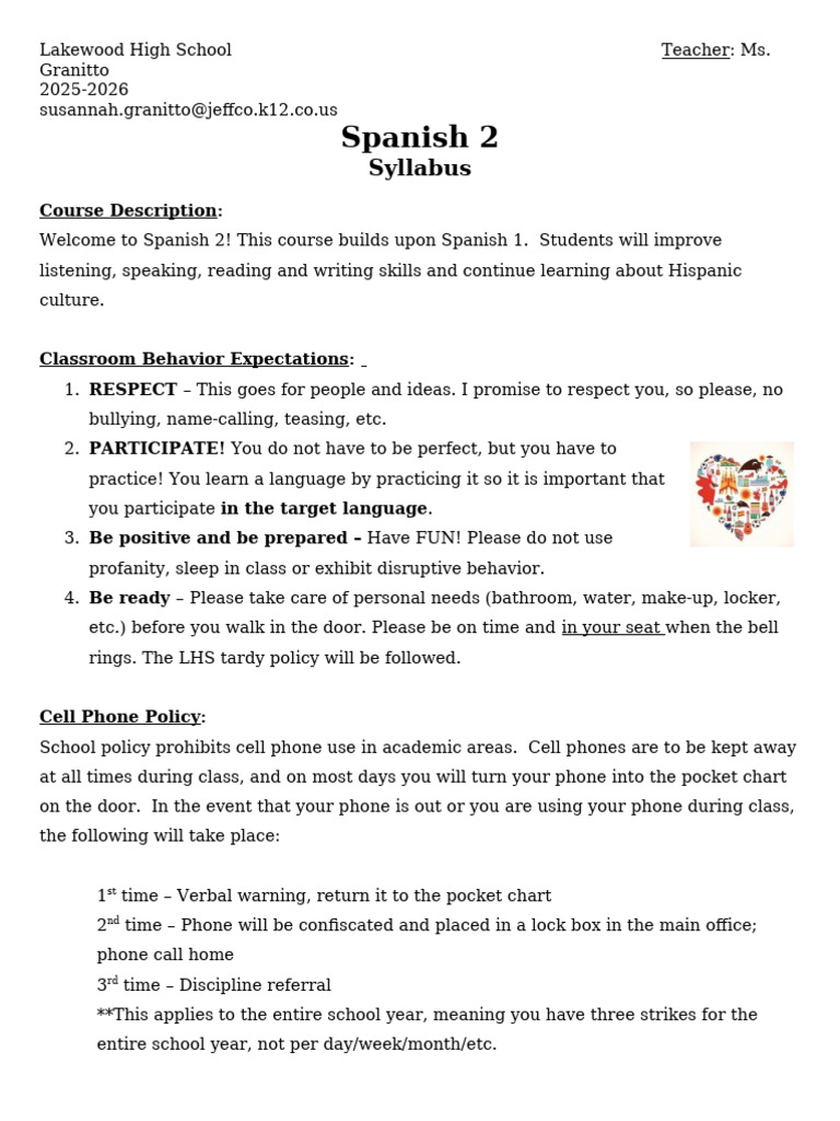 Spanish 2 Syllabus for Lakewood High | PDF | Learning | Human Communication