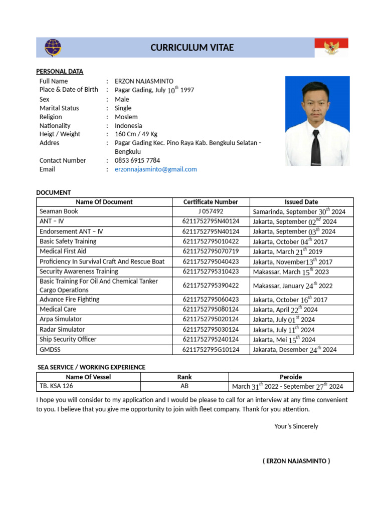 Curriculum Vitea - Erzon Najasminto | PDF | Shipping | Ships