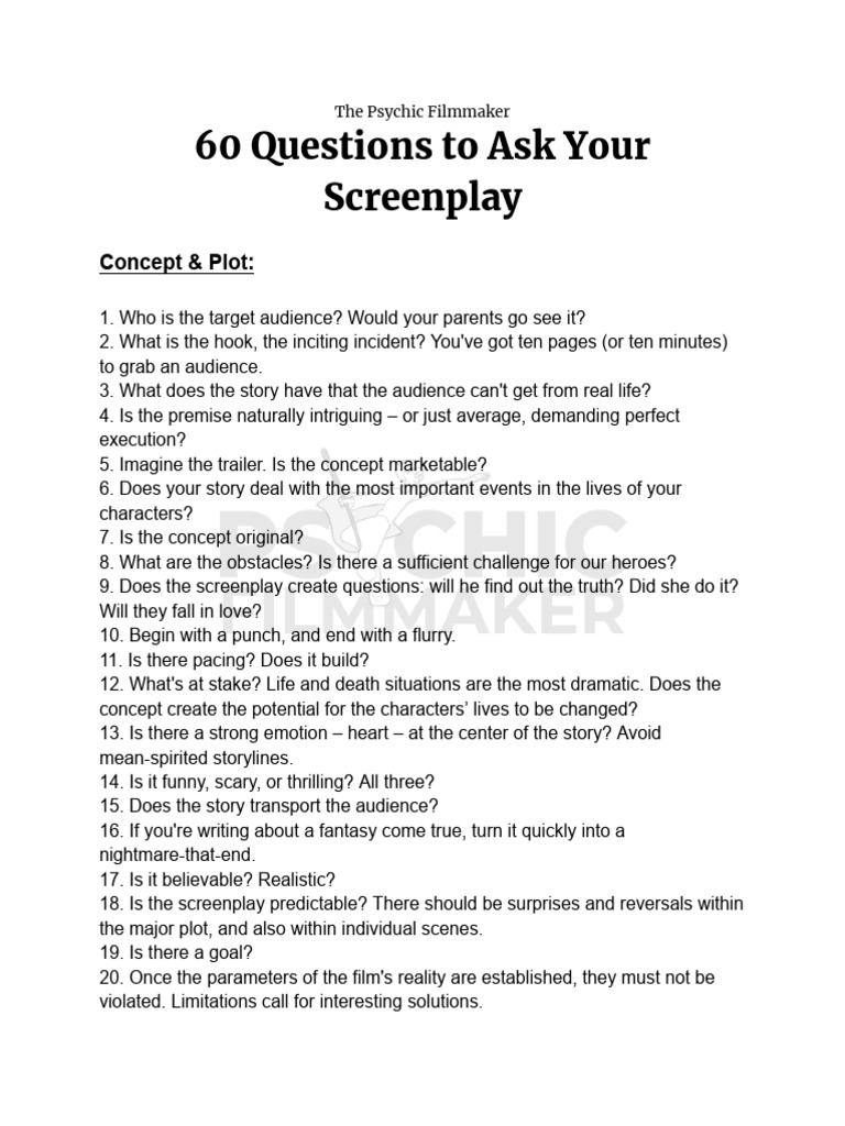 Essential Questions for Screenwriters | PDF | Screenplay | Plot (Narrative)