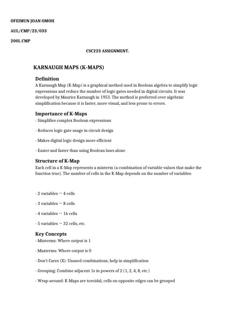 Karnaugh Maps Assignment | PDF | Boolean Algebra | Teaching Mathematics
