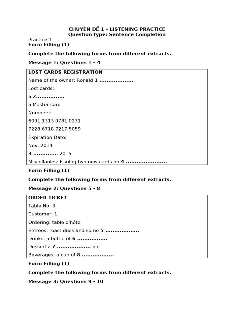 Listening Practice: Form Filling Exercises | PDF
