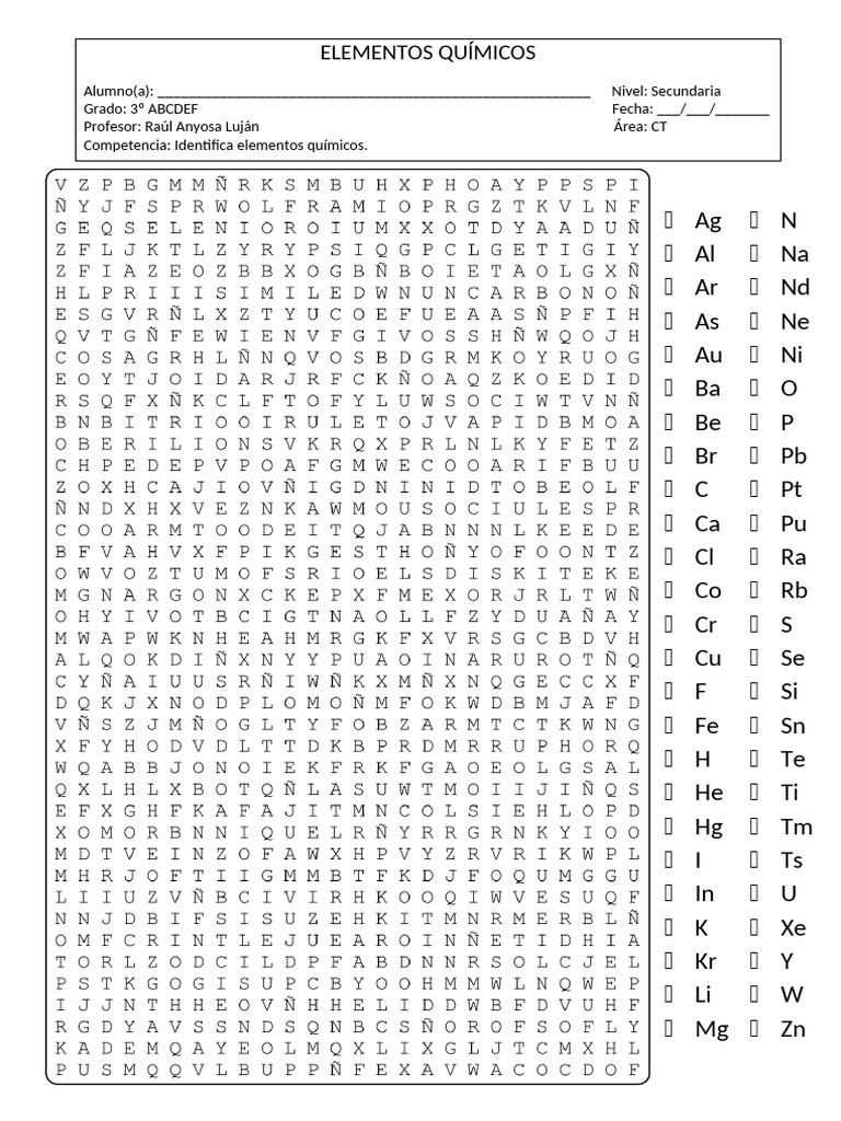 50 Elementos Quimicos Sopa de Letras | PDF | Elementos químicos | Rieles