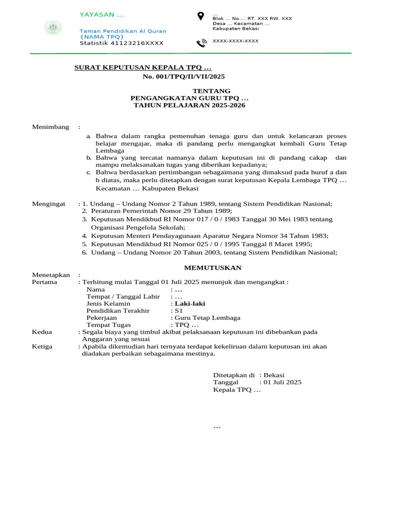Pengangkatan Guru TPQ 2025-2026 | PDF
