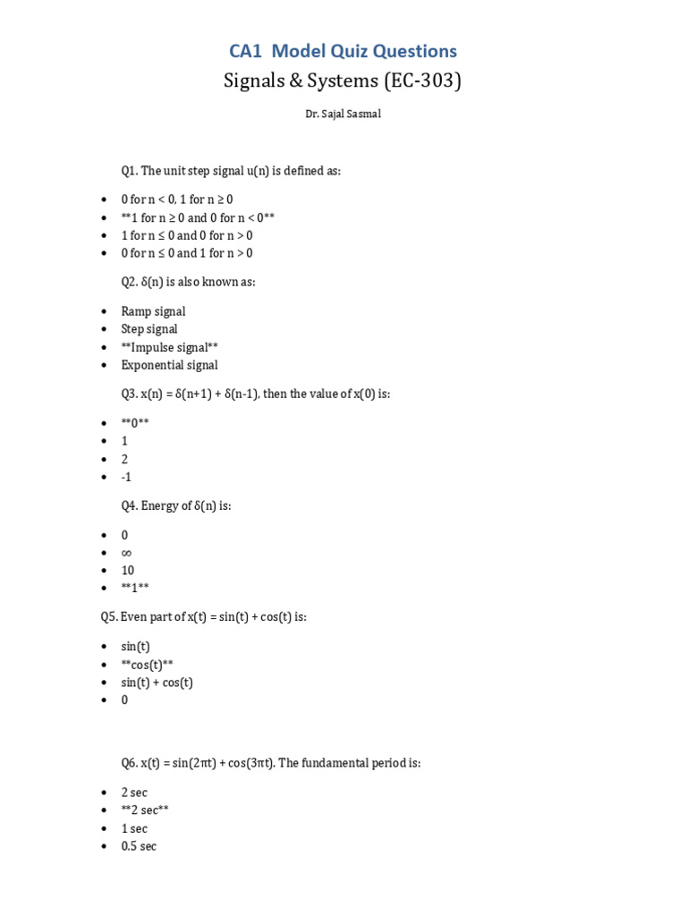 Signals & Systems Quiz Questions | PDF | Mathematical Analysis ...