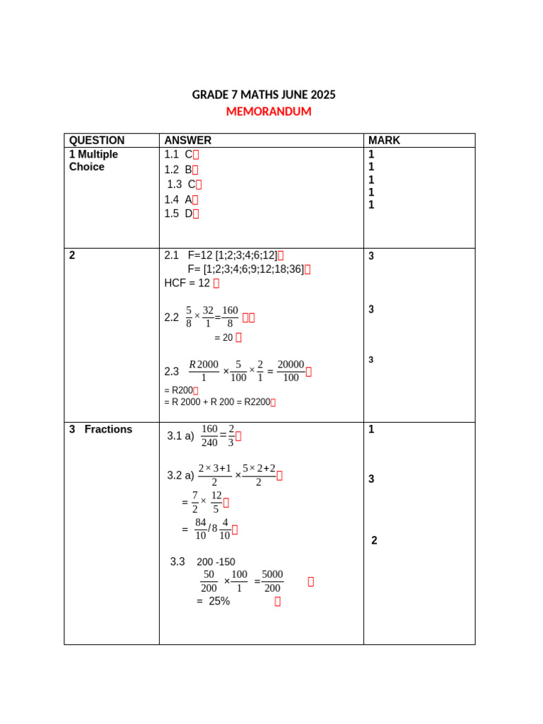 Grade 7 Maths June 2025 Memorandum | PDF | Numbers | Discrete Mathematics