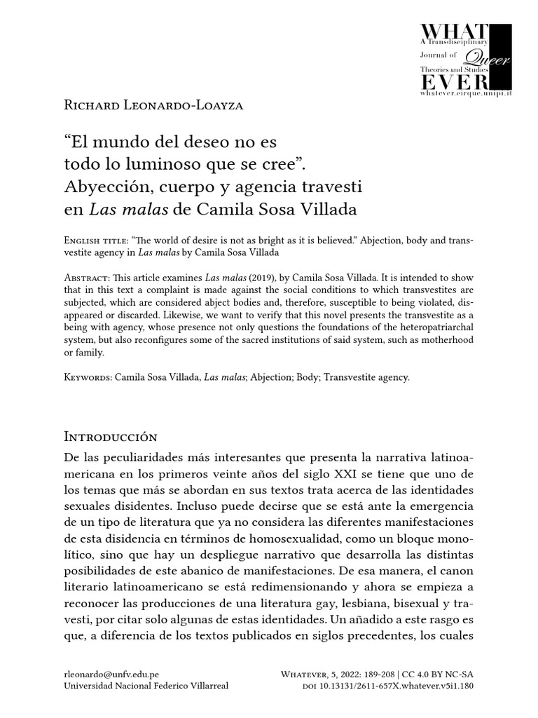 Abyección y agencia travesti en "Las malas" | PDF | Violencia