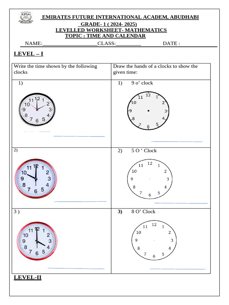 Time - Levelled Worksheet | PDF