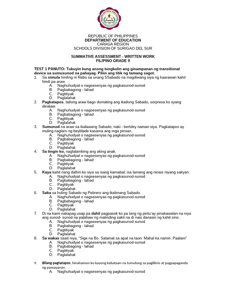 Summative Test in Filipino | PDF