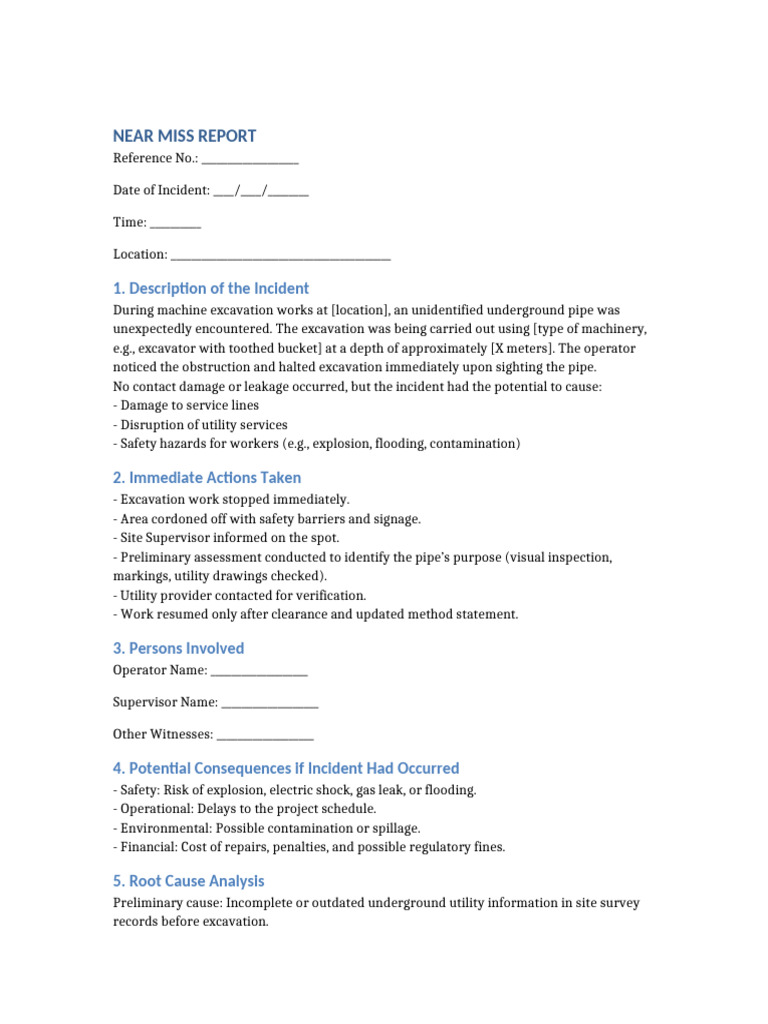 Near Miss Report Unexpected Pipe | PDF | Occupational Safety And Health ...