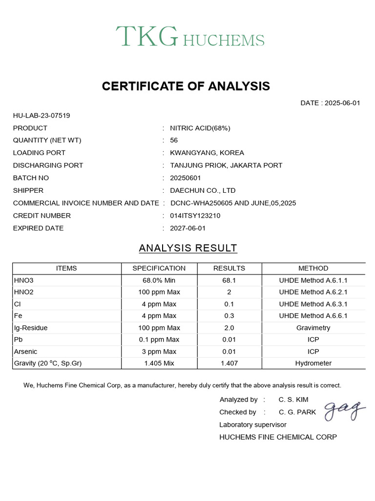 COA - Nitric Acid - Korea - Jun 2025 | PDF