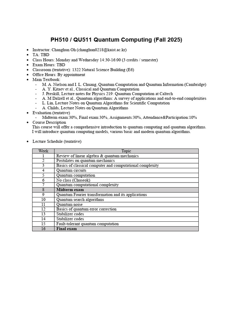 Syllabus Quantum Computing Fall 2025 | PDF