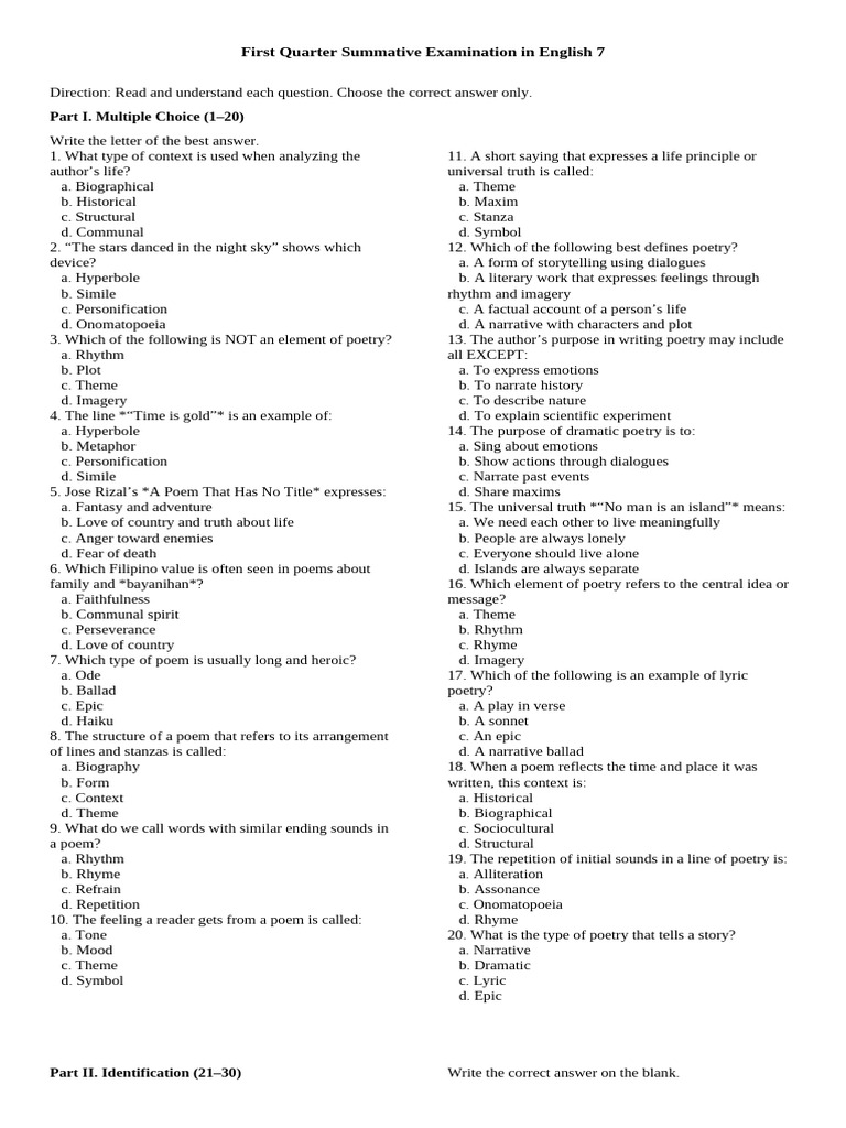 1st Quarter Summative Examination in English 7 | PDF | Poetry ...