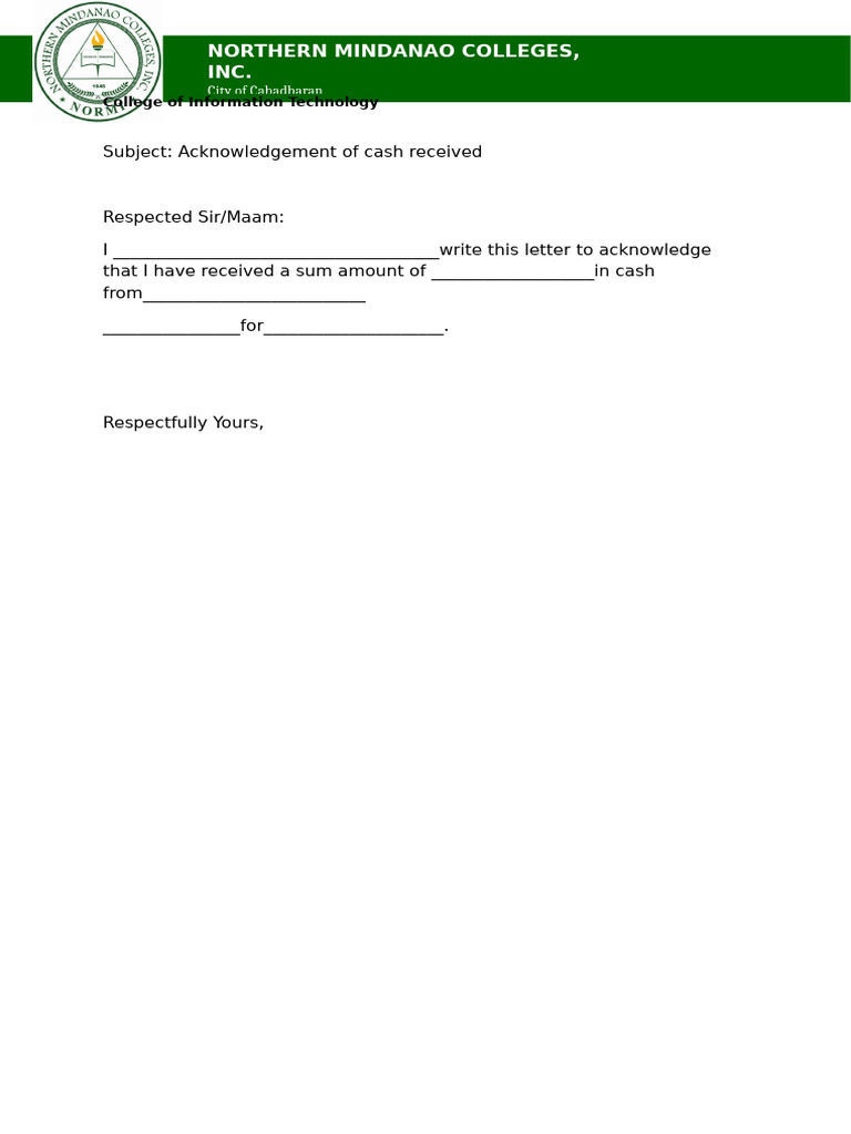 Cash Acknowledgement Letter Template | PDF