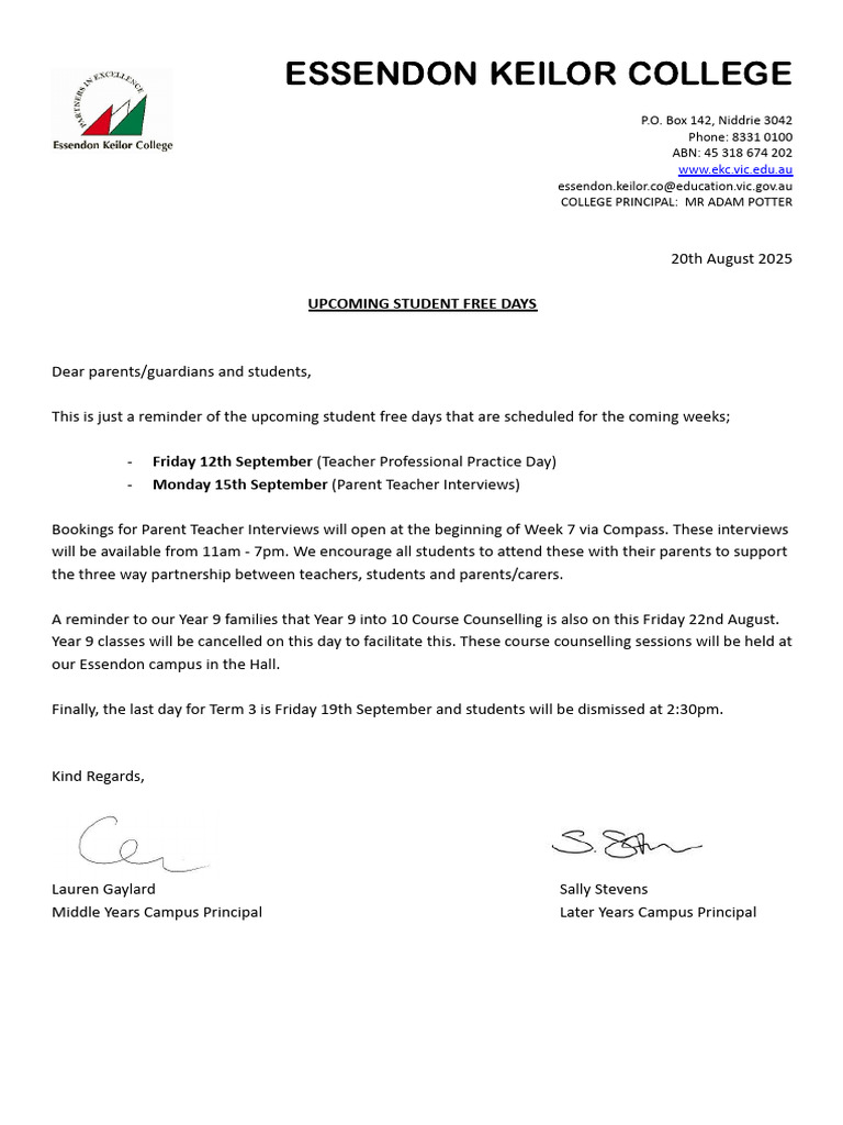 Term 3 Student Free Days Parent Letter | PDF