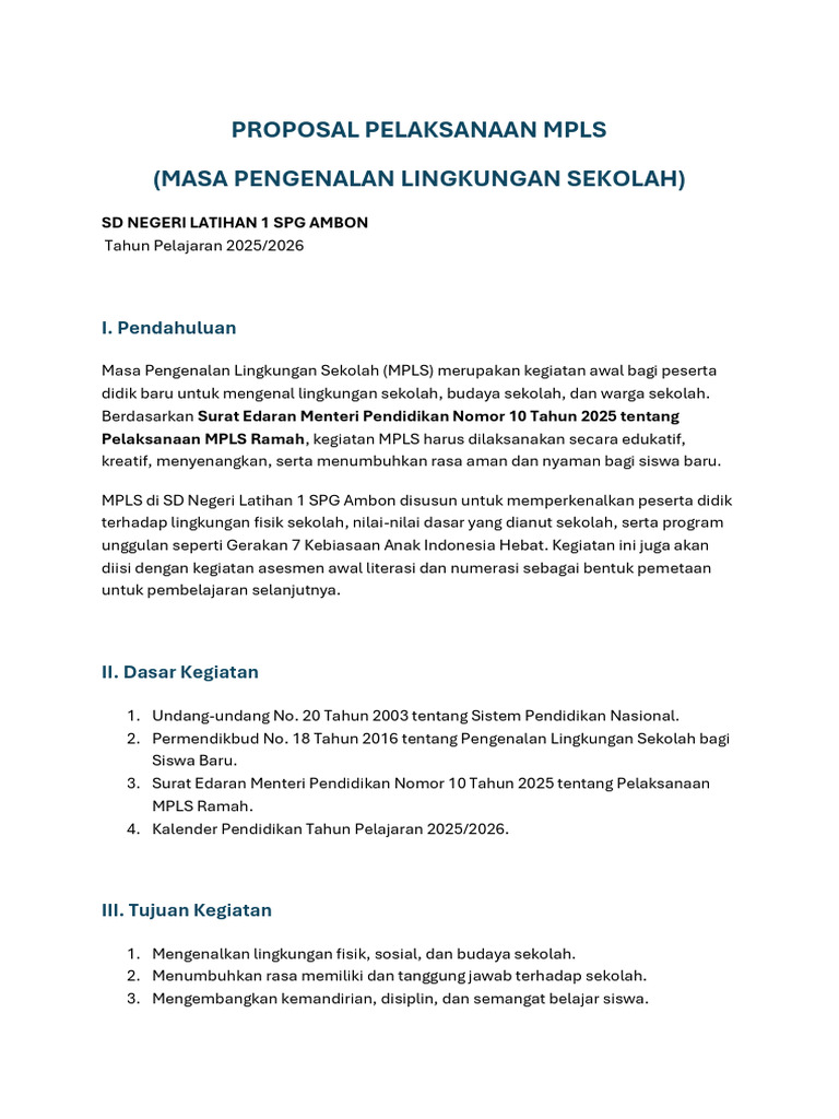 Proposal MPLS SD Negeri Latihan 1 Ambon | PDF