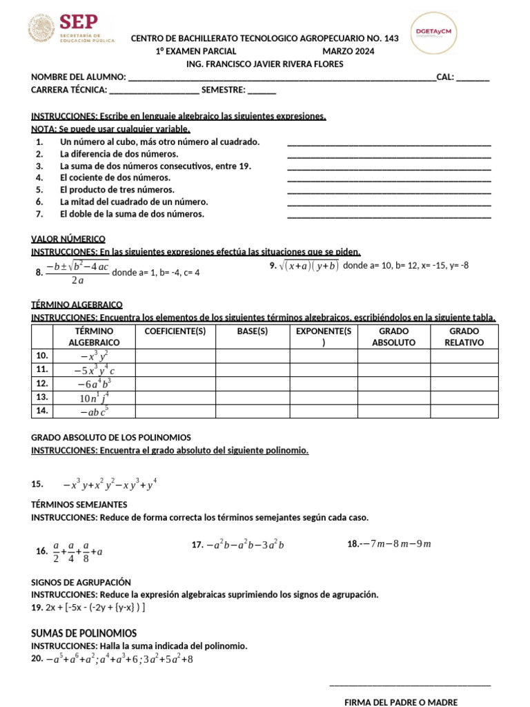 Examen Parcial 1 Semestre 2 Cbta 143 | PDF | Análisis numérico ...