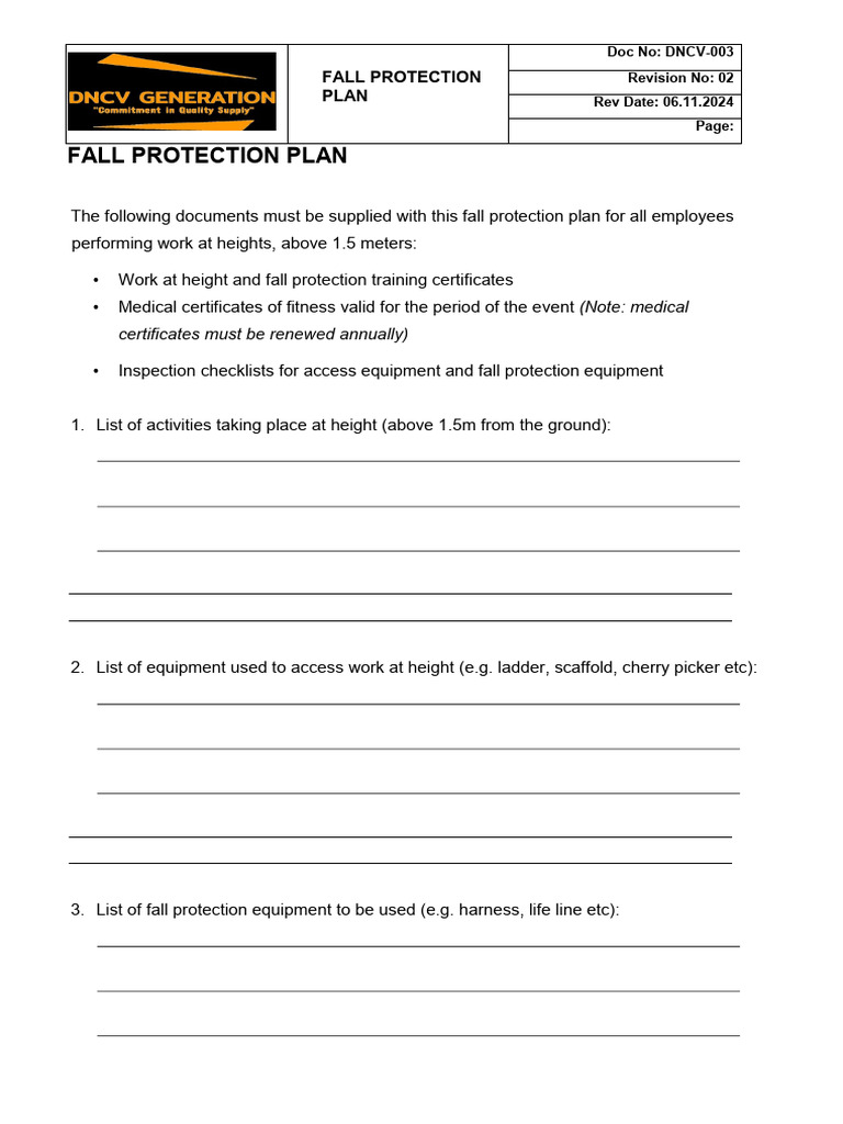 Fall Protection Plan for Work at Heights | PDF