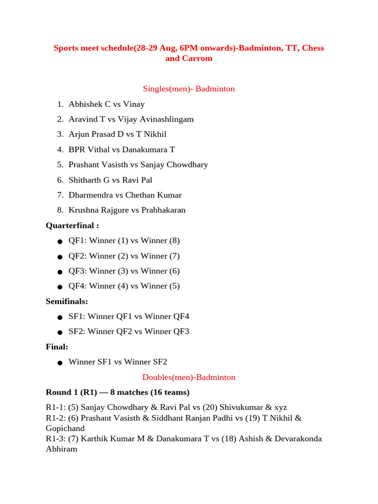 Sports Meet Schedule: Badminton & TT | PDF