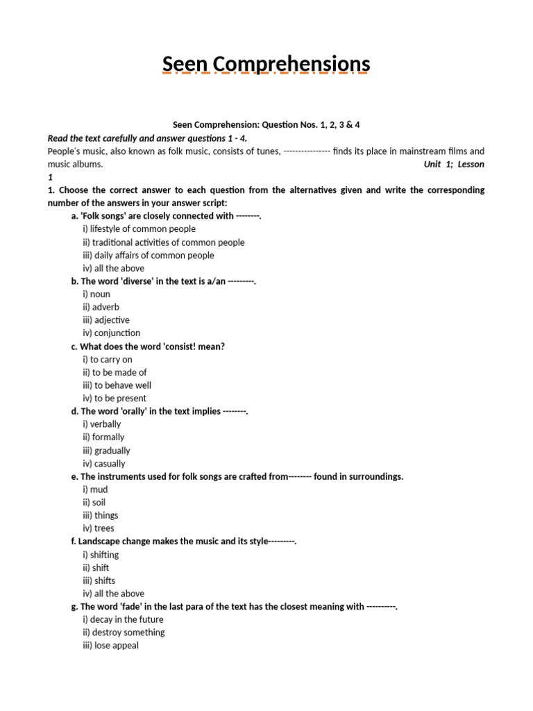 Seen Comprehension Class 8 | PDF