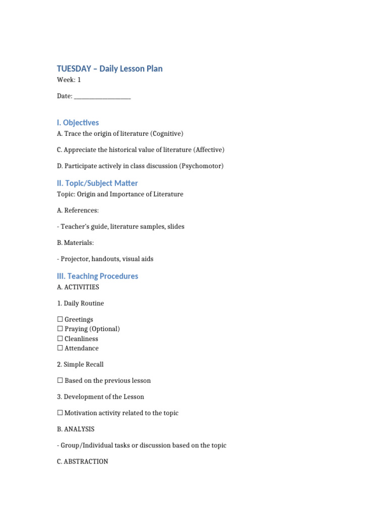 Week1 Daily Lesson Plans | PDF | Lesson Plan | Neuroscience