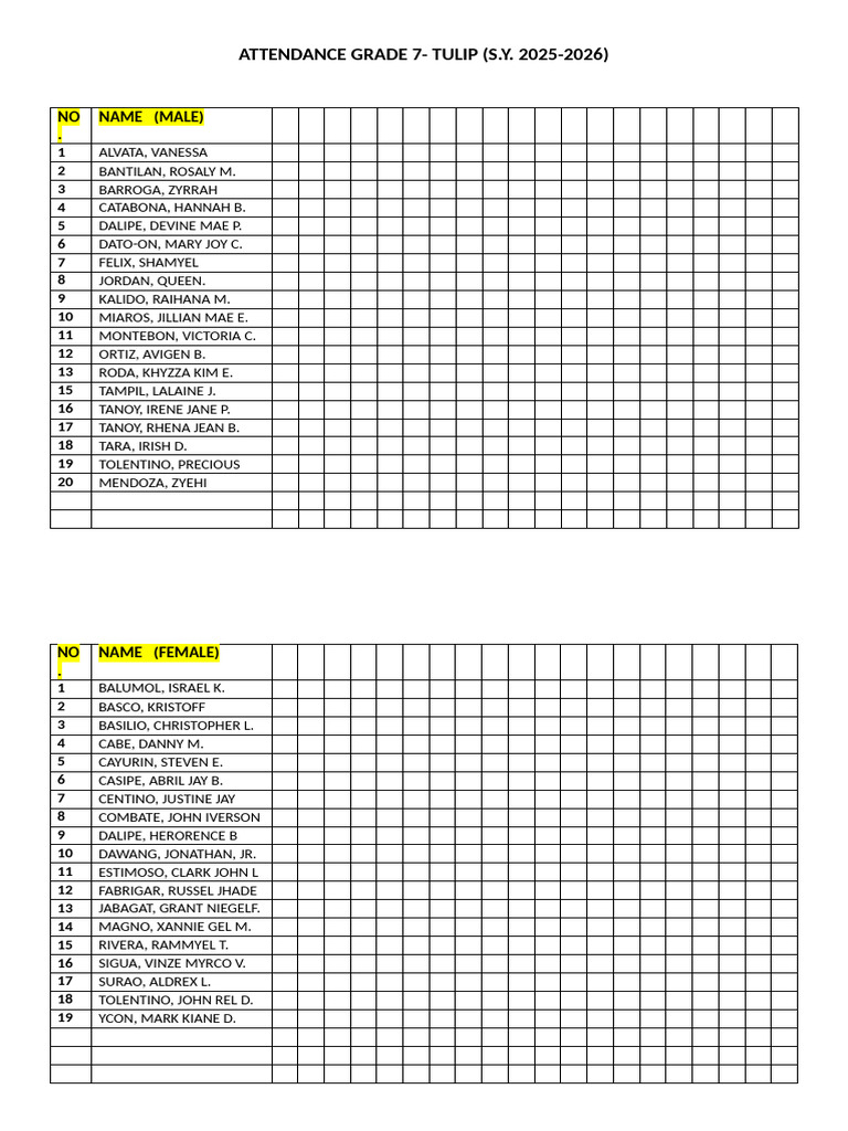Attendance Sy. 25-26 | PDF