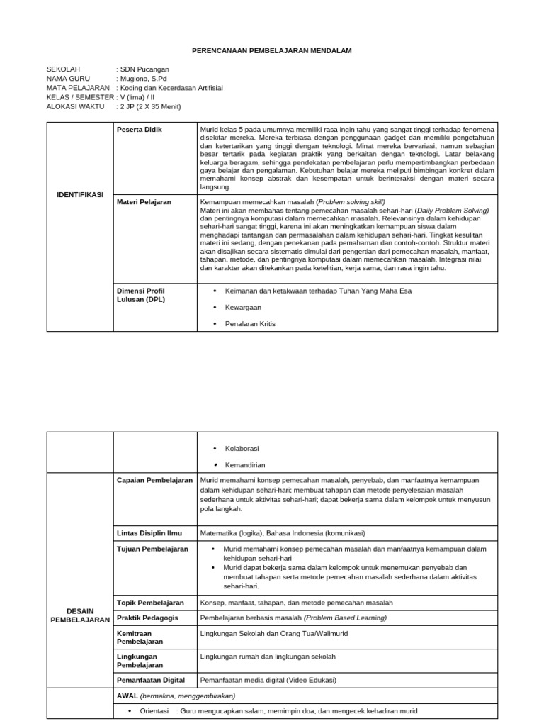 RPP Pembelajaran Mendalam Kls 5 (Koding) Pertemuan 1 | PDF