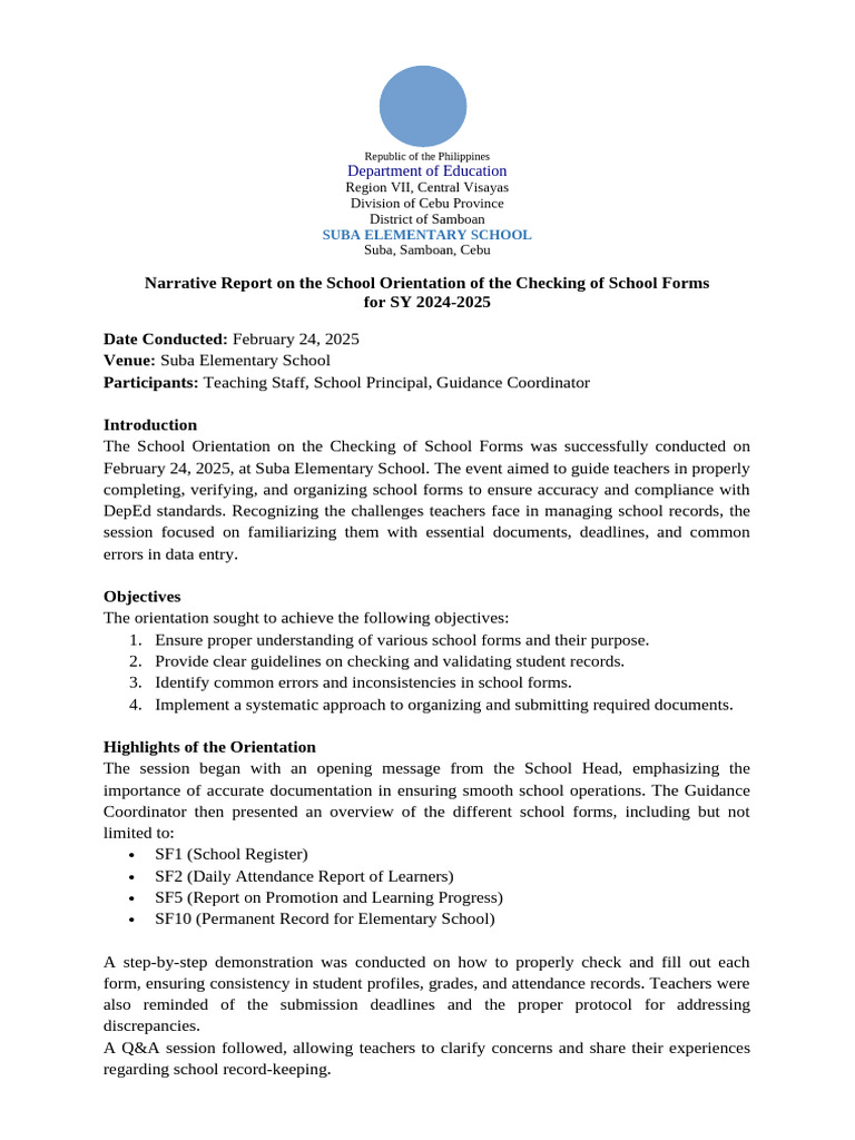 School Forms Orientation Report 2025 | PDF | Learning