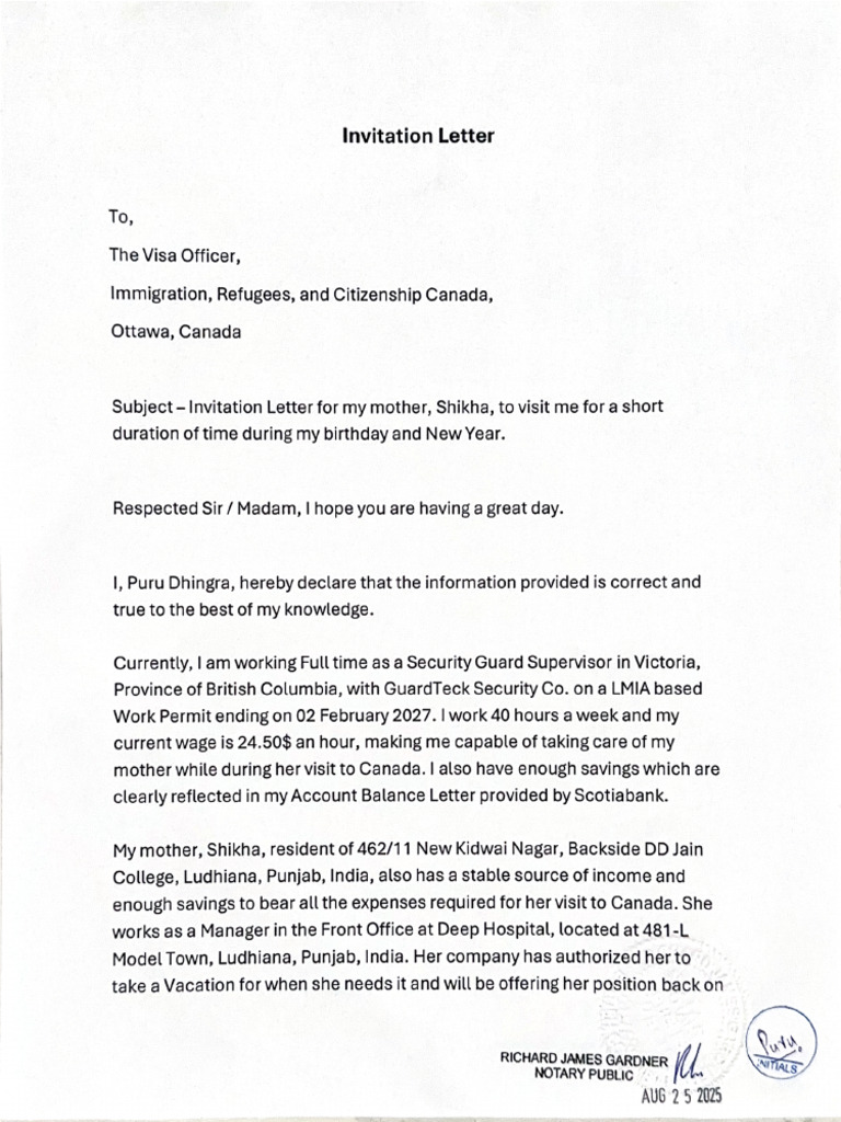 Notarized Invitation Letter - Puru Dhingra | PDF