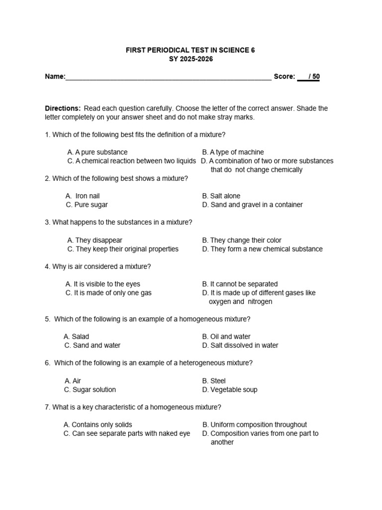 1st Qrtr TQ Grade 6 Science SMSD | PDF | Mixture | Chemical Substances