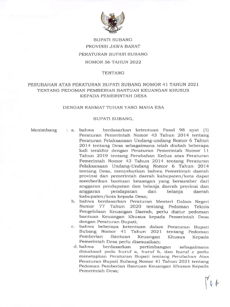 Perbup Subang No 56 Tahun 2022 (BKK Bandes) | PDF