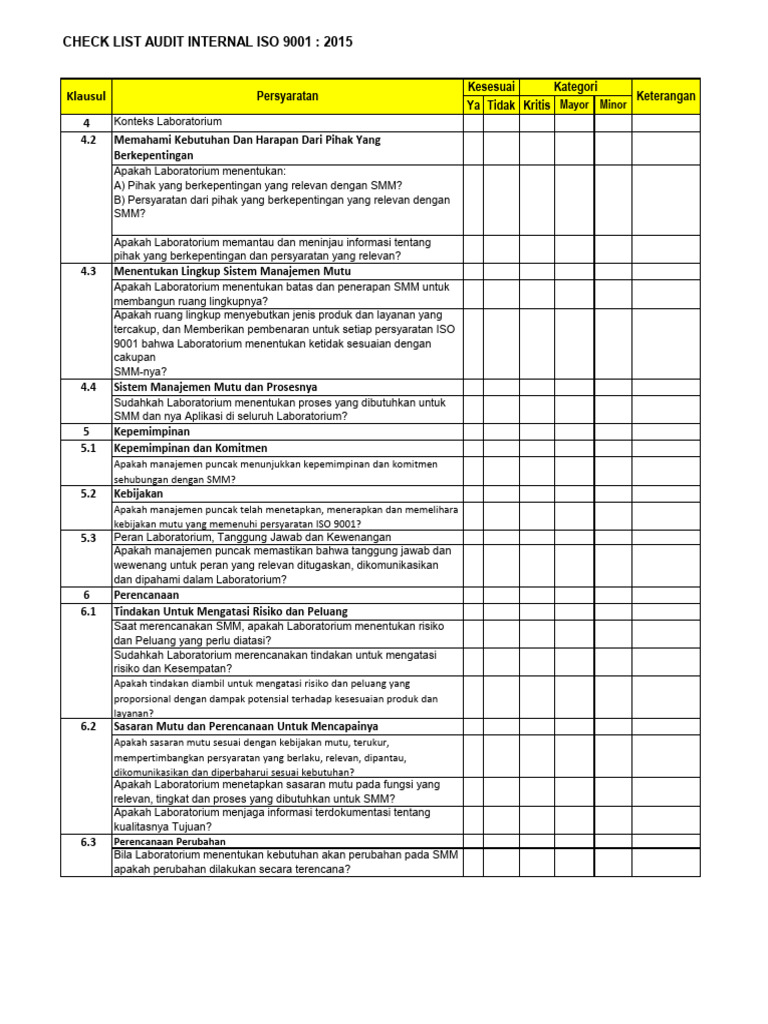 Checklist Audit ISO 9001:2015 Laboratorium | PDF