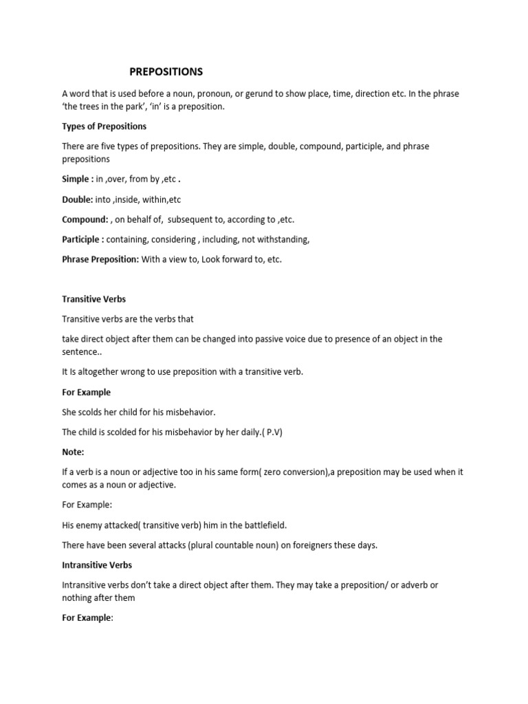 Prepositions Notes 2025 | PDF | Verb | Morphology