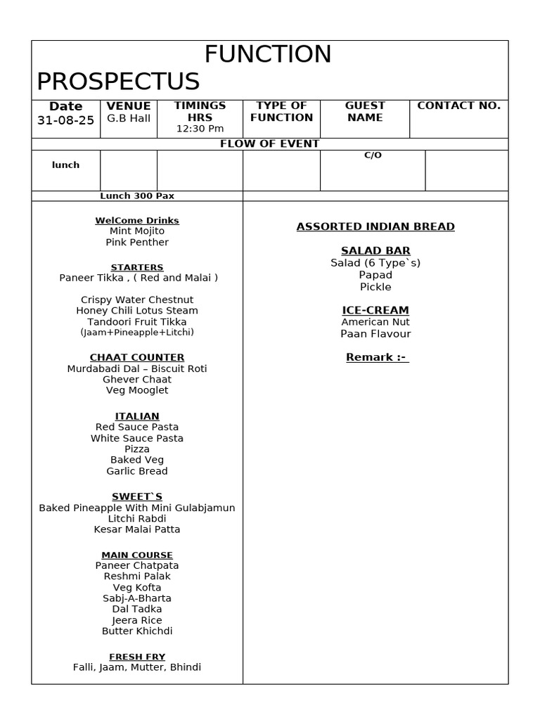 Guest Lunch Function Menu Details | PDF