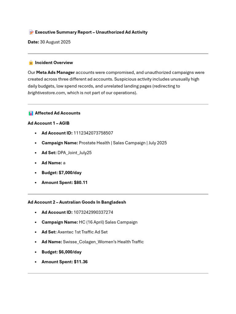 Unauthorized Ad Activity Executive Summary | PDF