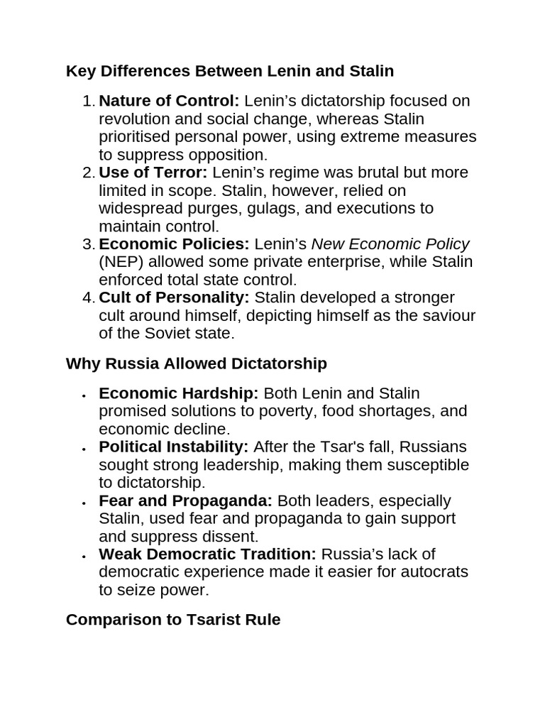 Key Differences Between Lenin and Stalin | PDF | Vladimir Lenin ...