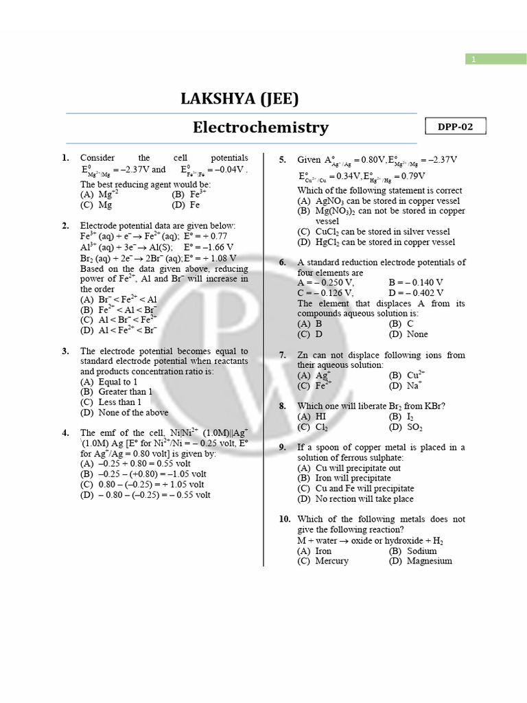 Electrochemistry _ DPP 02 | PDF | Chemistry | Electricity