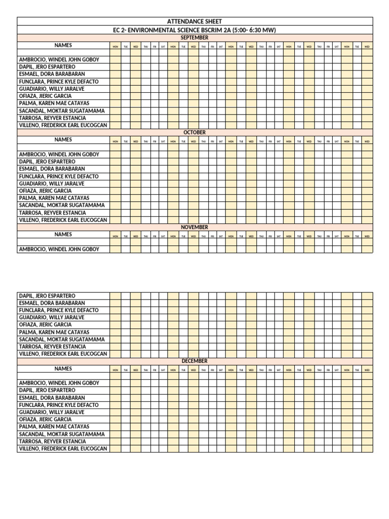 Attendance Sheet for Environmental Science | PDF