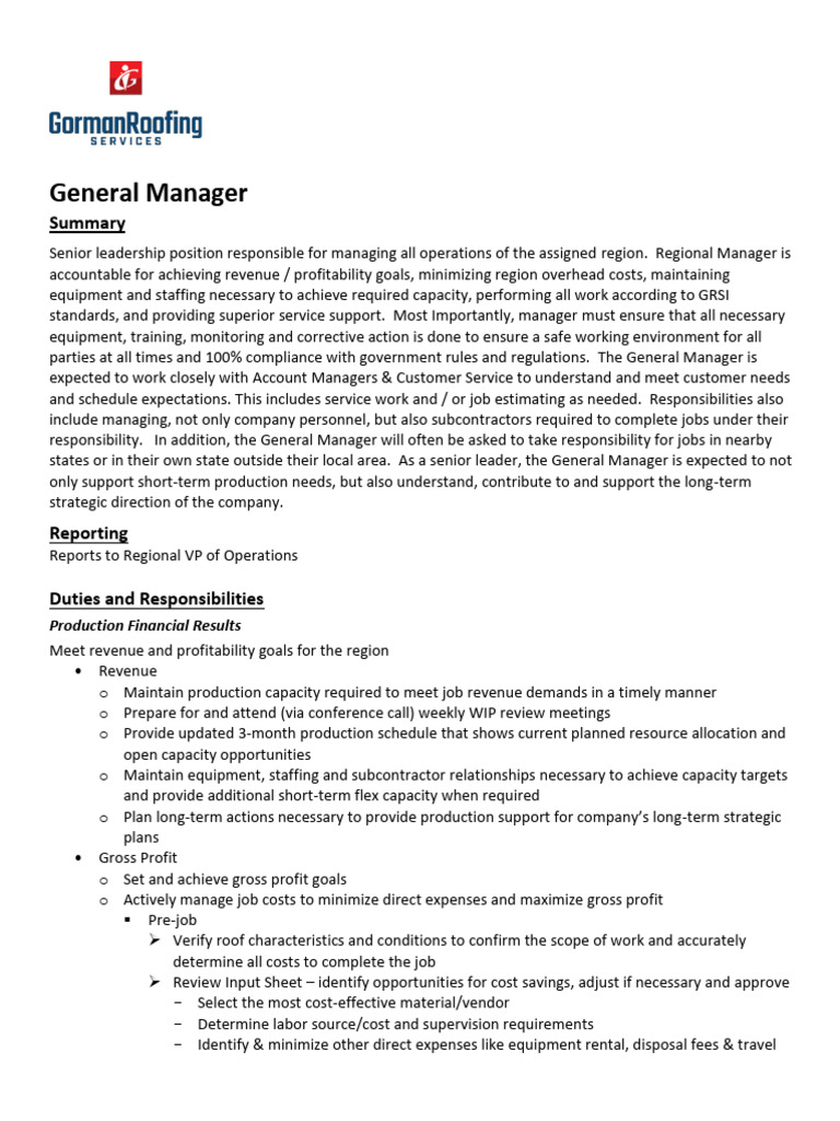 General Manager - LV Job Description | PDF | Occupational Safety And ...
