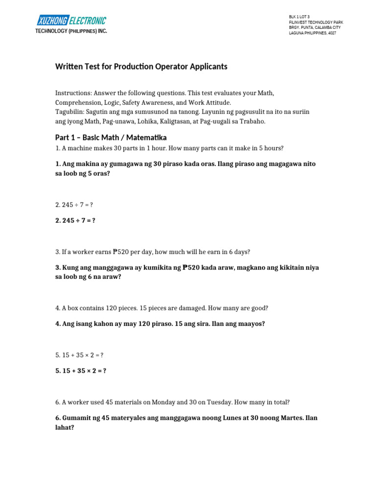 Production Operator Test en TAG | PDF