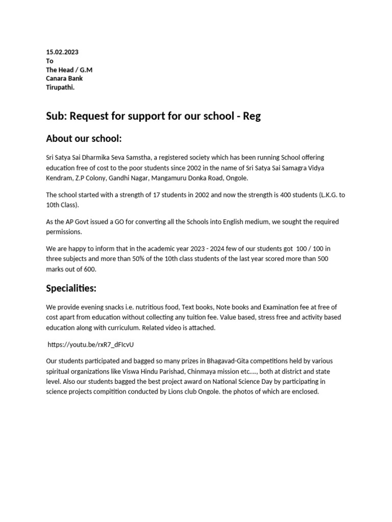 Support Request for School Amenities | PDF