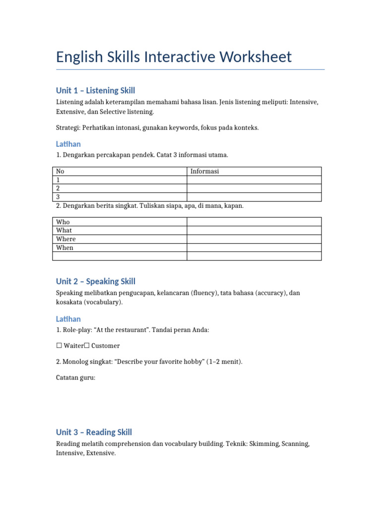 English Skills Interactive Worksheet | PDF