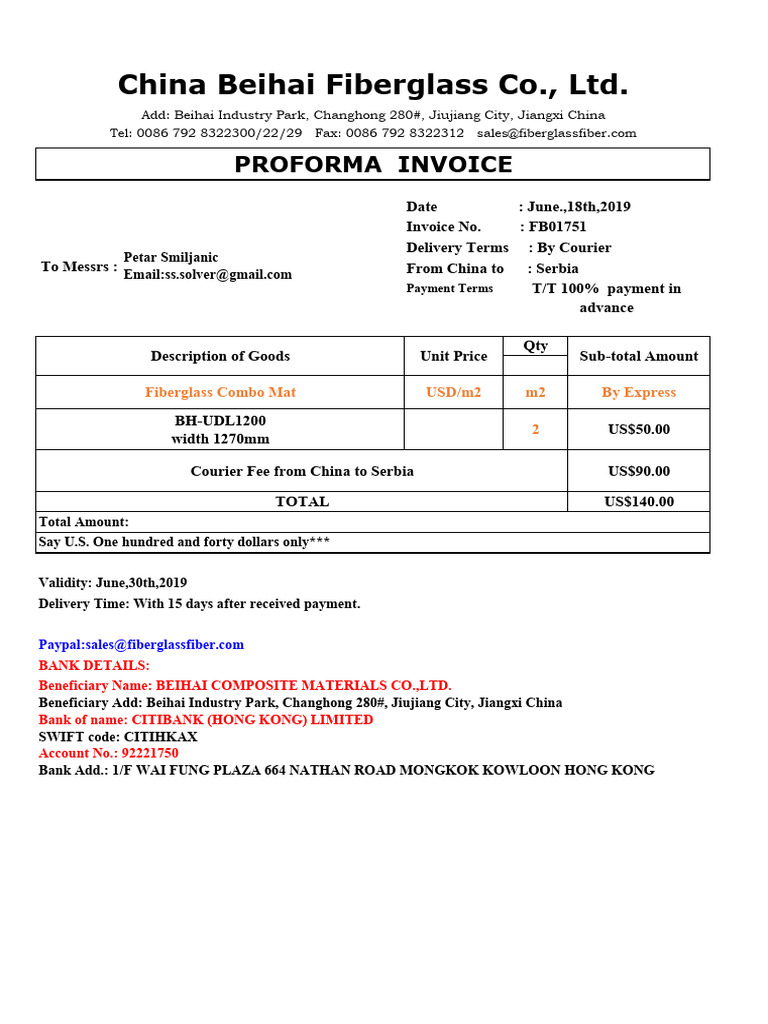 Proforma Invoice for Fiberglass Mat | PDF